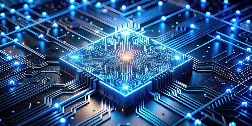 A Futuristic Microchip Glows Brightly, Embedded within a Complex ...