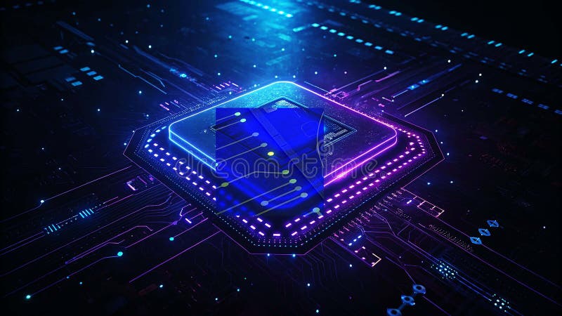 Futuristic Microchip with Neon Lights and Digital Circuitry Stock ...