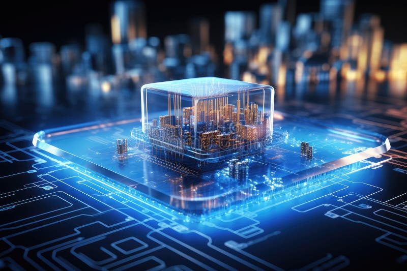 Futuristic Microchip Processor Encased in Protective Glass on a Blue ...