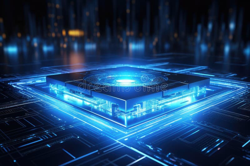 Futuristic Microchip Processor Encased in Protective Glass on a Blue Circuit Board Background ...