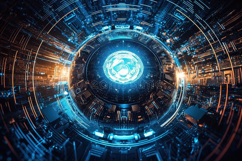 Futuristic Microchip Processor with Lights on the Blue Background. Quantum Computer, Database ...