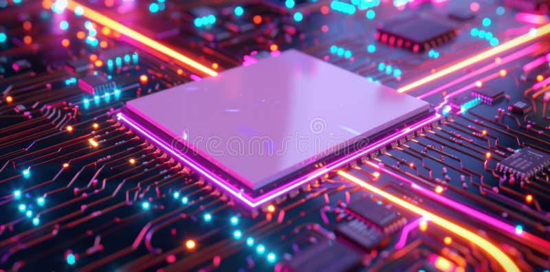 Abstract Close Up of a Modern Microchip on a Glowing Circuit Board with ...