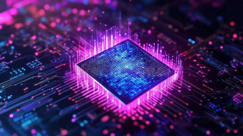 Futuristic Microchip with Vibrant Neon Lights on Circuit Board Stock ... Futuristic Microchip with Vibrant Neon Lights on Circuit Board Stock ...