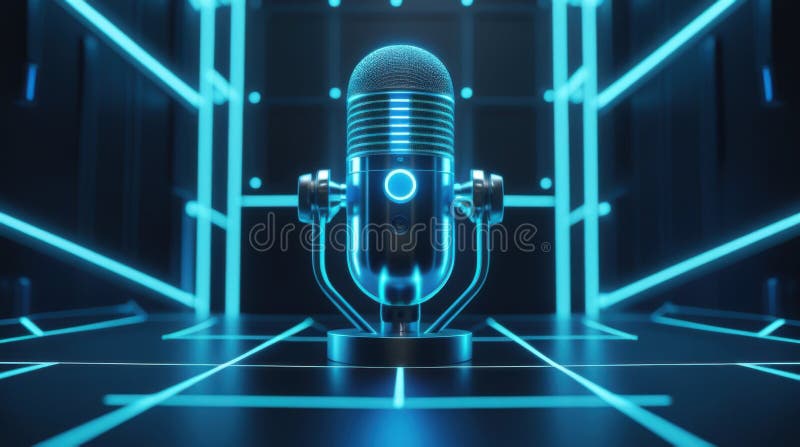 Futuristic Microphone with Glowing Blue Lines and Dots on Dark ...
