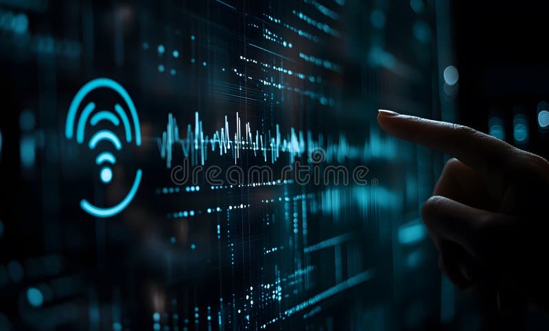 Futuristic Microphone with Sound Waves and Hand Interaction Dark ...