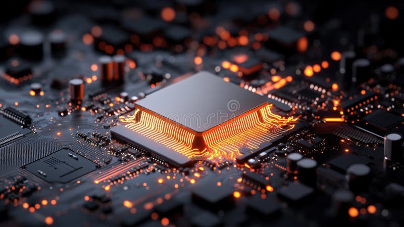Futuristic Microprocessor on a Circuit Board with Glowing Details Stock ...