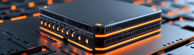 Futuristic Microprocessor on Circuit Board with Glowing Orange Lights ...