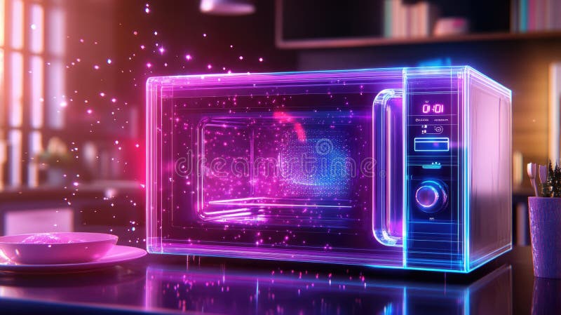 Futuristic Microwave with Neon Glowing Digital Interface in Modern ...