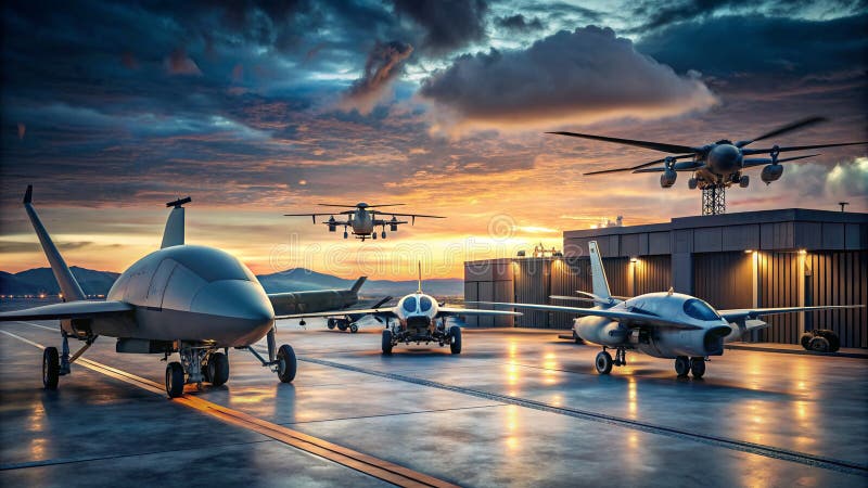 Futuristic Military Base at Dusk Innovations in Defense with Drones and ...