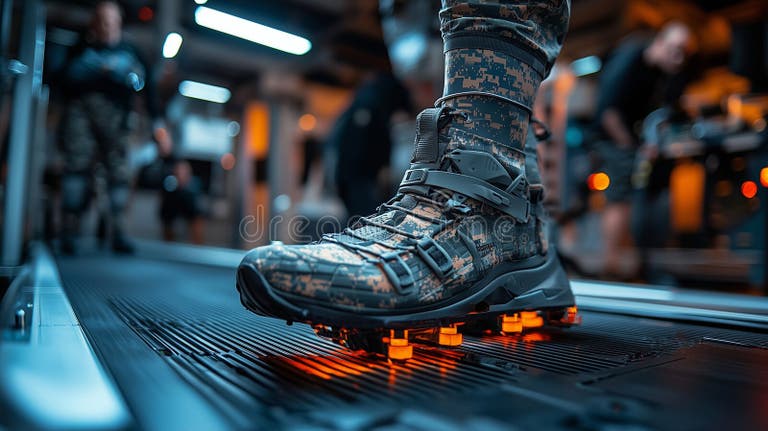Futuristic Military Exoskeleton Boot Testing in High-tech Lab Stock ...