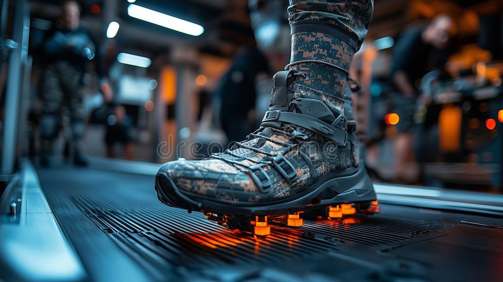 Futuristic Military Exoskeleton Boot Testing in High-tech Lab Stock ...