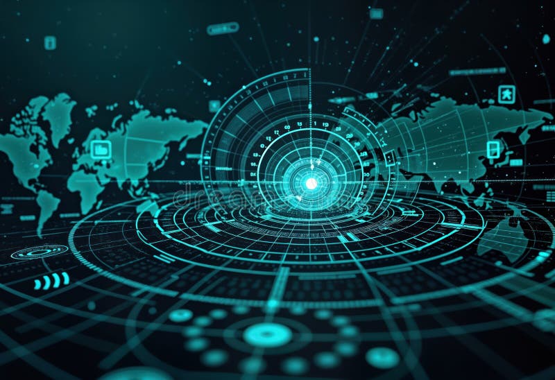 Futuristic Military Tech Interface Shows Global Radar Scan Data. Radar ...