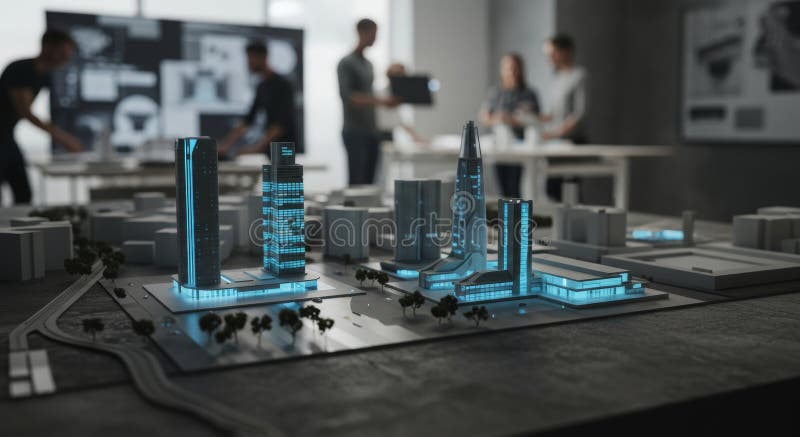 Futuristic Miniature City Model with Blue Lights and Architects Working ...