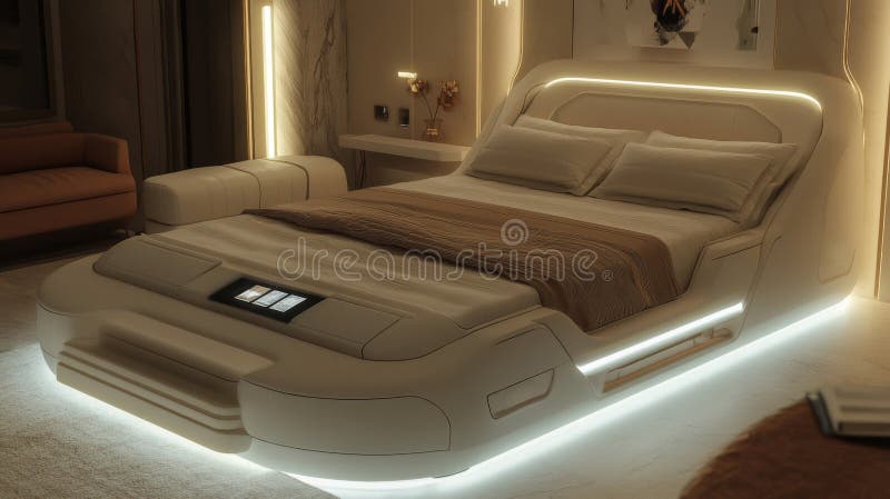 Futuristic Minimalist Bedroom with Smart Bed and LED Lighting Stock ...