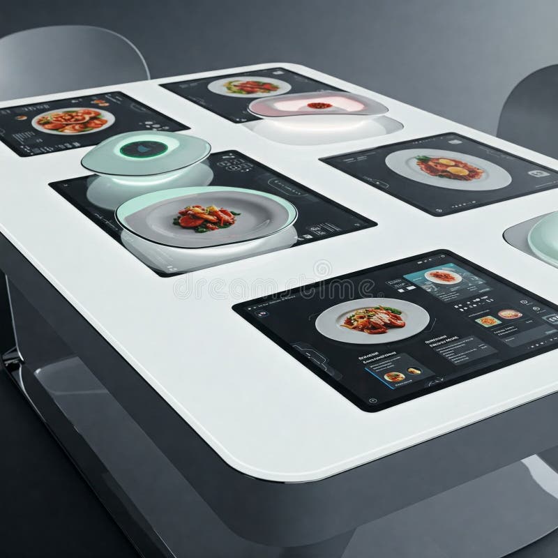 Futuristic Minimalist Dining Table with Glowing Dishes Stock ...