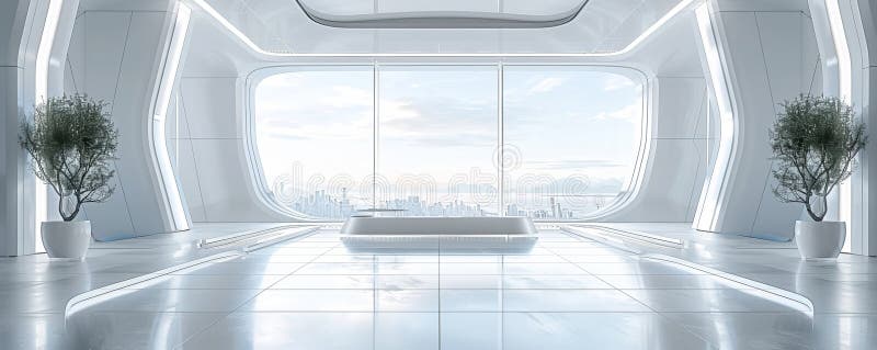 Futuristic Minimalist Interior with Large Window Overlooking City ...