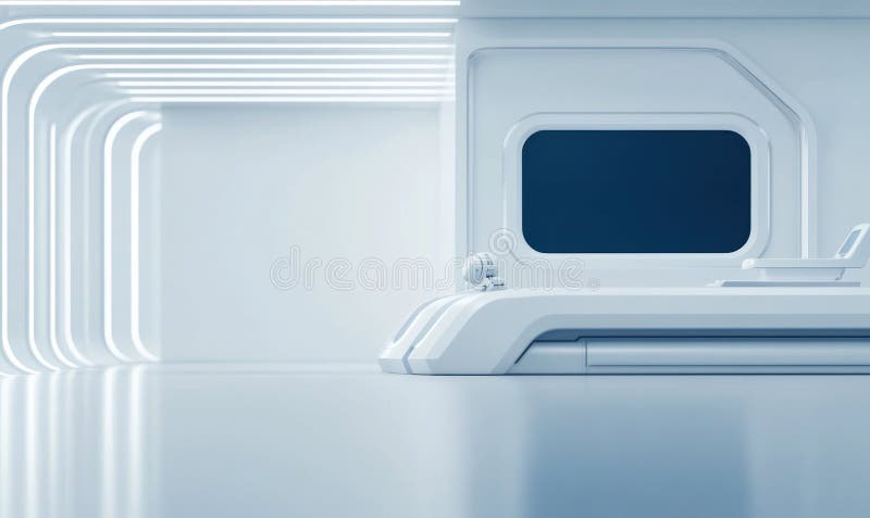 Futuristic Minimalist Interior with Window Display and Blue Screen ...