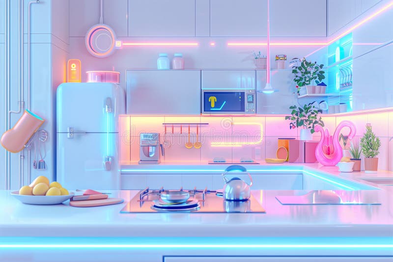 Futuristic Minimalist Kitchen Interior with Cabinet and Modern High ...