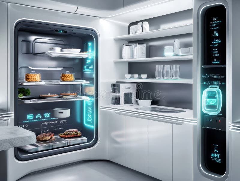 A Futuristic, Minimalist Kitchen Scene with a Lit Refrigerator and ...
