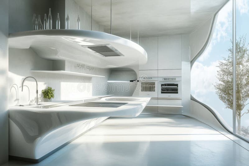 Futuristic Minimalist Kitchen with Sleek White Design and Large Windows ...