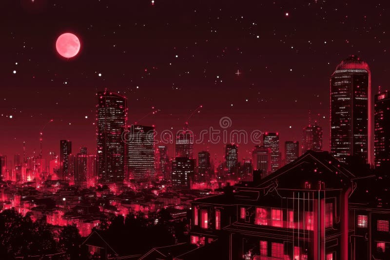 Futuristic Minimalistic Cityscape at Night with Glowing Red Elements ...