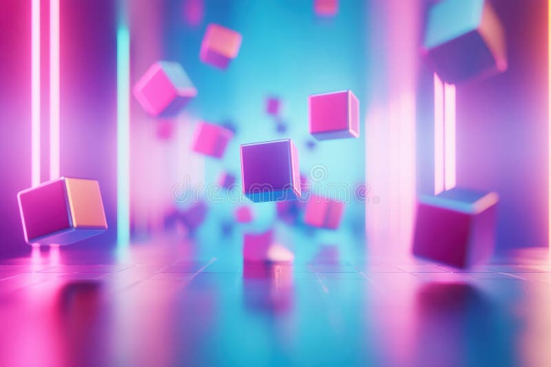 Futuristic Minimalistic Setting with Floating Colorful Cubes in Neon ...