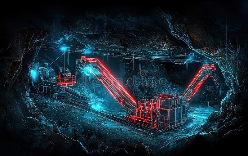 Futuristic Mining Equipment Operating in an Underground Cave with ...