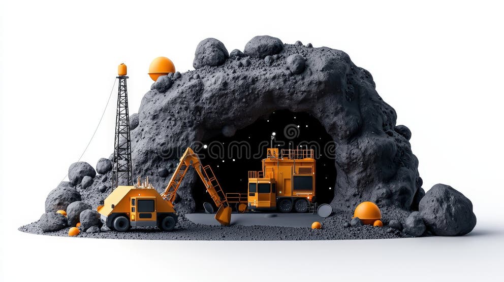 A Futuristic Mining Site with Construction Vehicles and a Cave ...