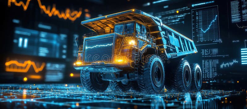 Futuristic Mining Truck with Digital Data Graphics Background Stock ...