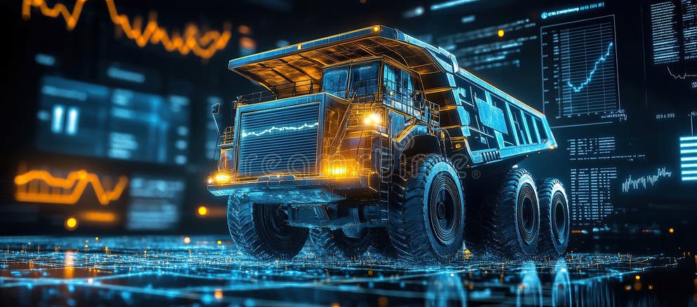 Futuristic Mining Truck with Digital Data Graphics Background Stock ...