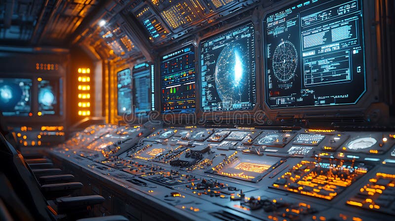 Futuristic Mission Control Room with Glowing Screens and Controls ...