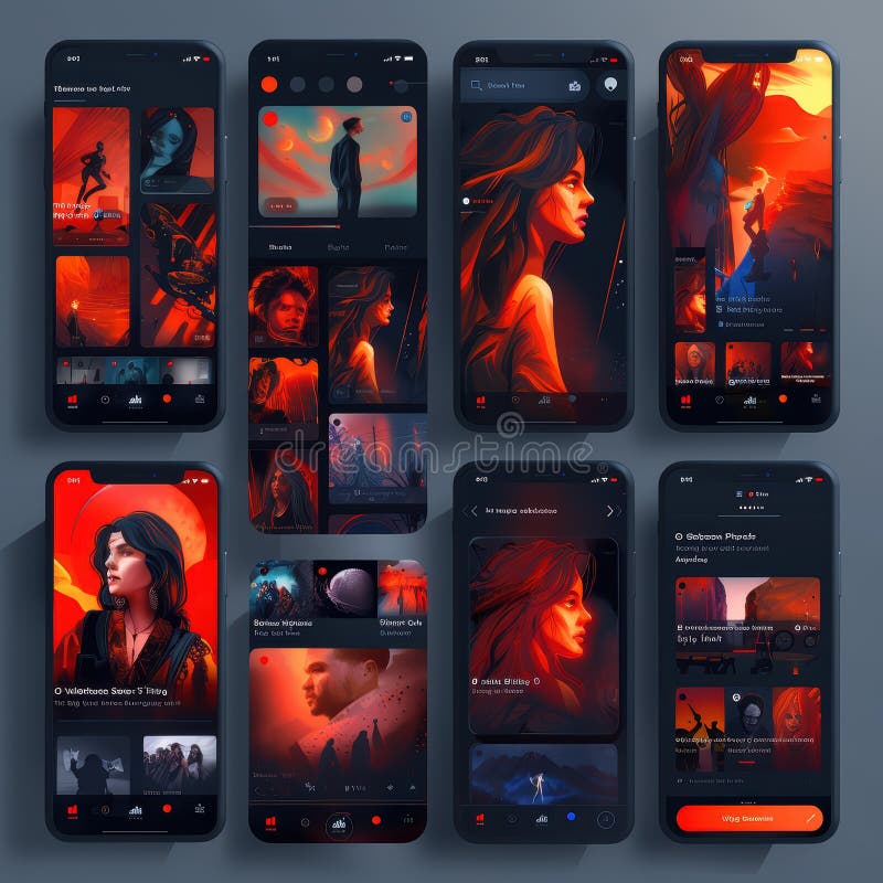 Futuristic Mobile Application User Interface Design with Dark Theme Stock Illustration ...