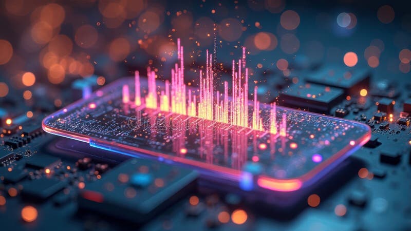 Futuristic Mobile Device with Neon Light Display on Circuit Board Stock ...