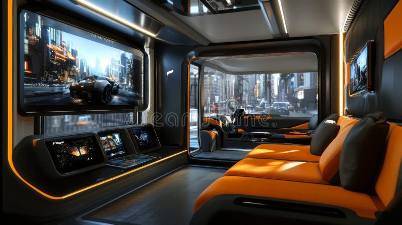 Futuristic Mobile Gaming Truck Interior Design Stock Illustration ...