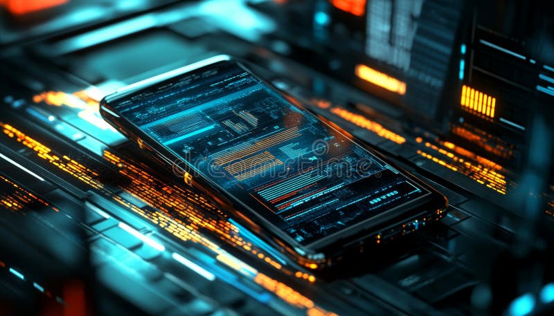 Futuristic Mobile Phone with Holographic Screen and Digital Graphics ...