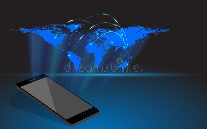 Futuristic Mobile Phone Vector Illustration with Holographic World Map ...