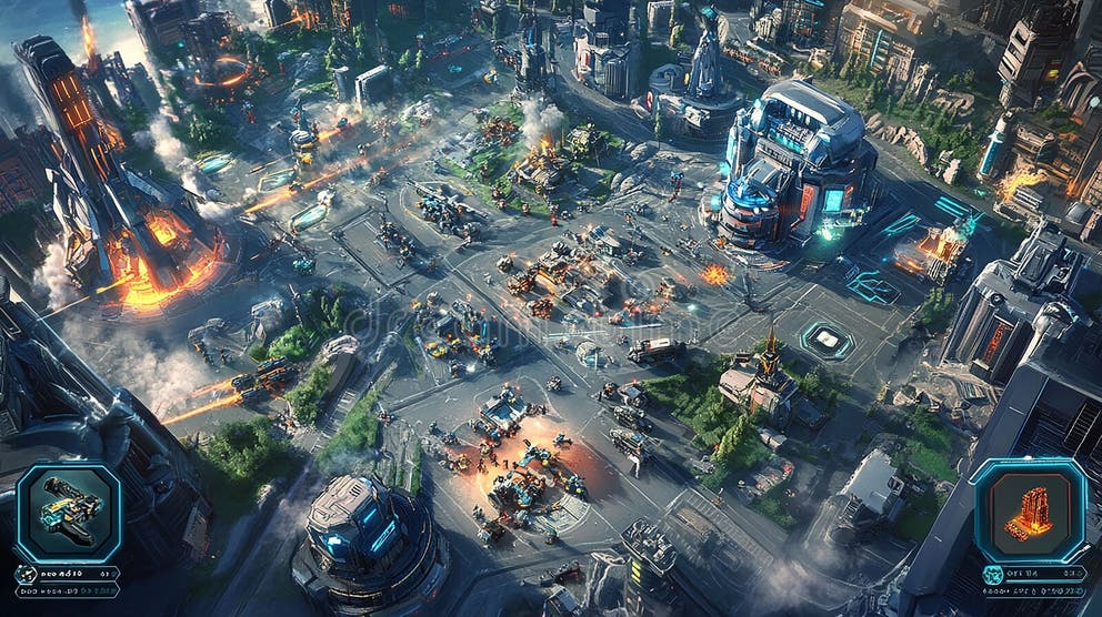 Futuristic Mobile Strategy Game Interface Featuring a Sci-Fi Cityscape ...