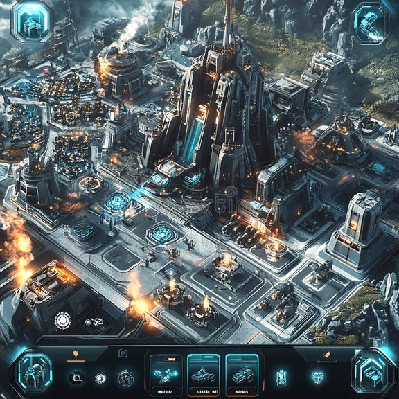 Futuristic Mobile Strategy Game Interface Featuring a Sci-Fi Cityscape ...