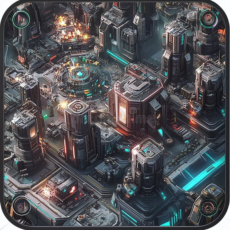 Futuristic Mobile Strategy Game Interface Featuring a Sci-Fi Cityscape and Tactical HUD Elements ...