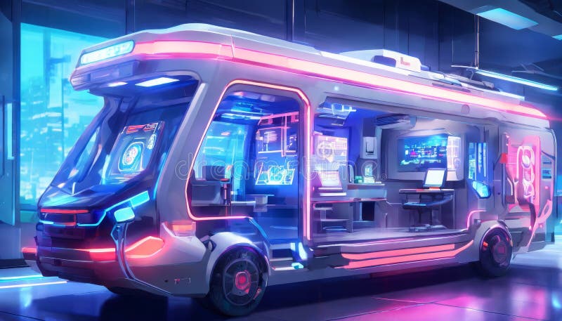Futuristic Mobile Tech Laboratory in Neon-lit Environment Stock Photo ...