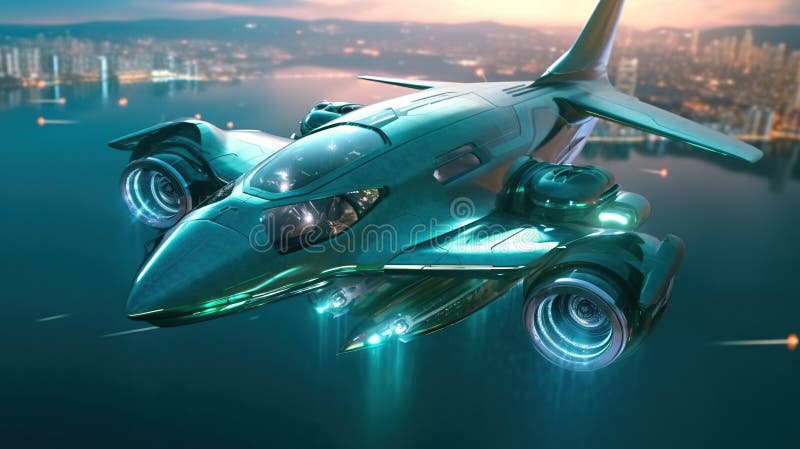 A Futuristic Modern Aircraft Flying on Metro City on Blurry Background ...