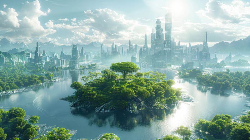 Futuristic Modern City Panorama with Green Trees and Blue Sky Stock ...