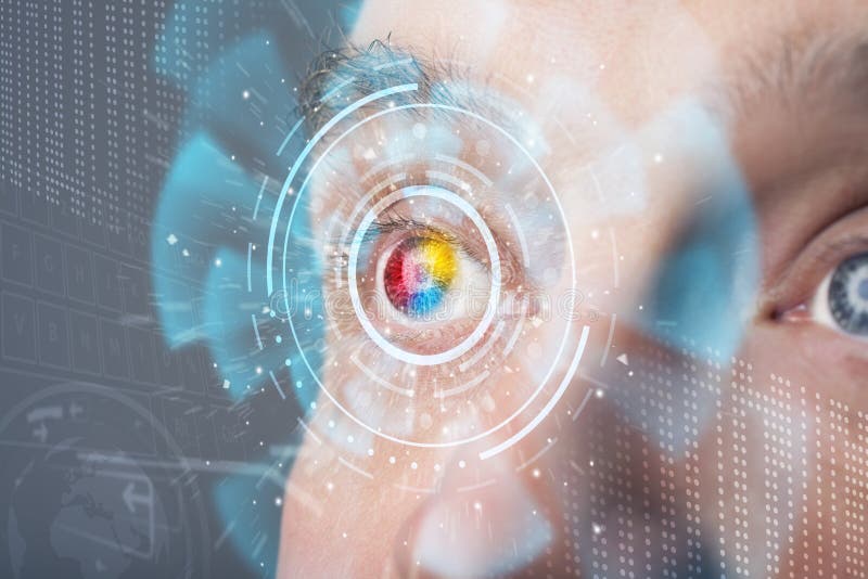 Futuristic Modern Cyber Man with Technology Screen Eye Panel Stock ...