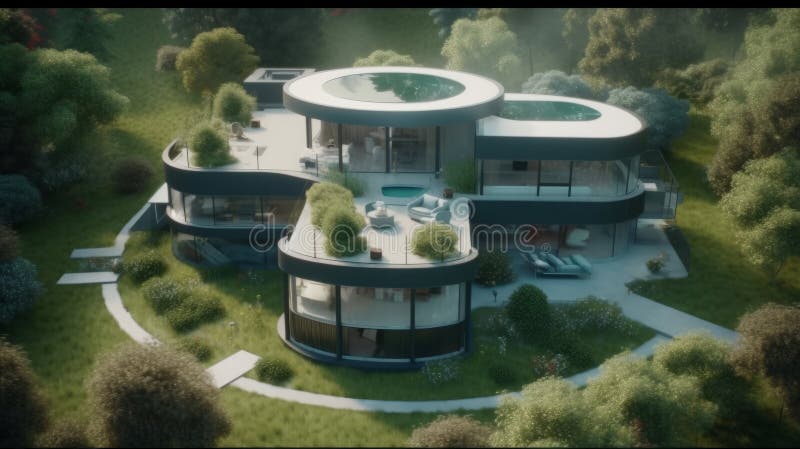 Futuristic Modern Family House from Above Surrounded by Forest ...