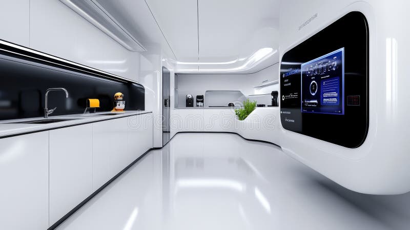 Futuristic Modern Kitchen Interior Design with White Cabinets and ...