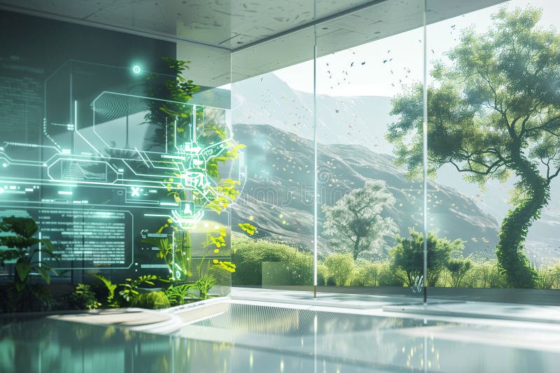 Futuristic Modern Office Featuring Plants Growing with Mountain View ...