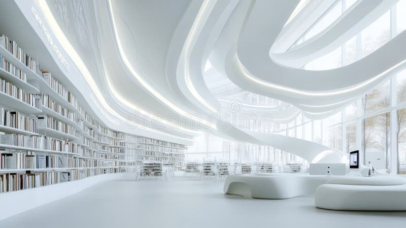 Futuristic Modern White Public Library Featuring Spacious Design and ...