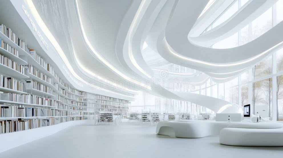 Futuristic Modern White Public Library Featuring Spacious Design and ...