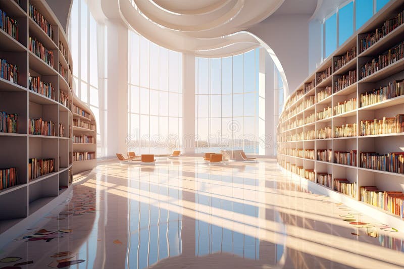 Futuristic Modern White Public Library. Light and Spacious Modern ...