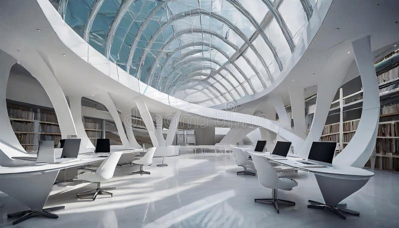 Futuristic and Modern White Public Library - Generative Ai Stock ...